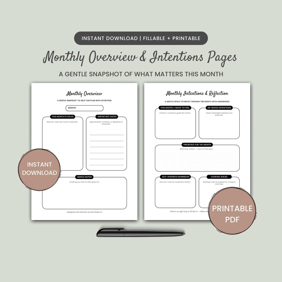 Monthly Overview & Intentions Printable | Gentle Monthly Planner ...