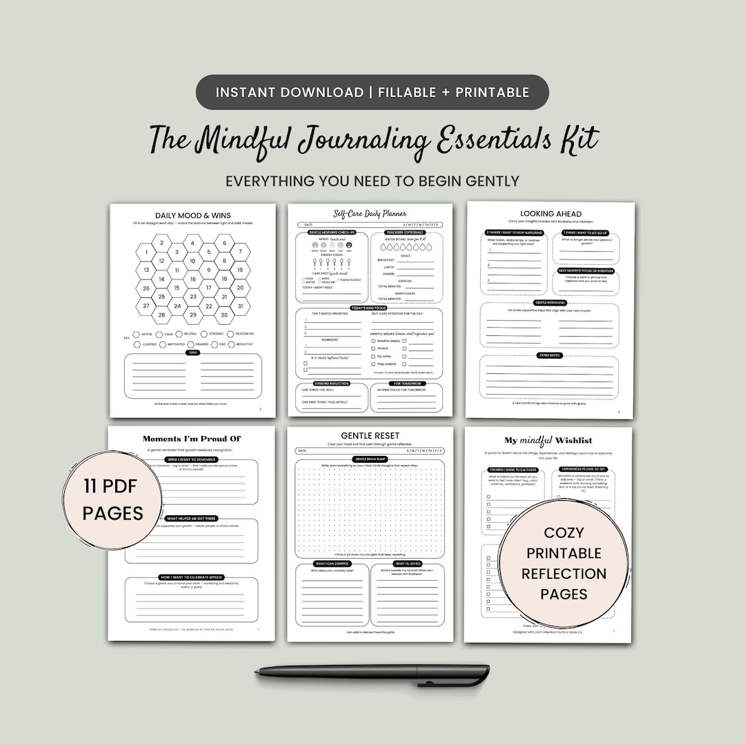 Mindful Journaling Essentials Kit & Printable Bundle | Reflection Pages ...