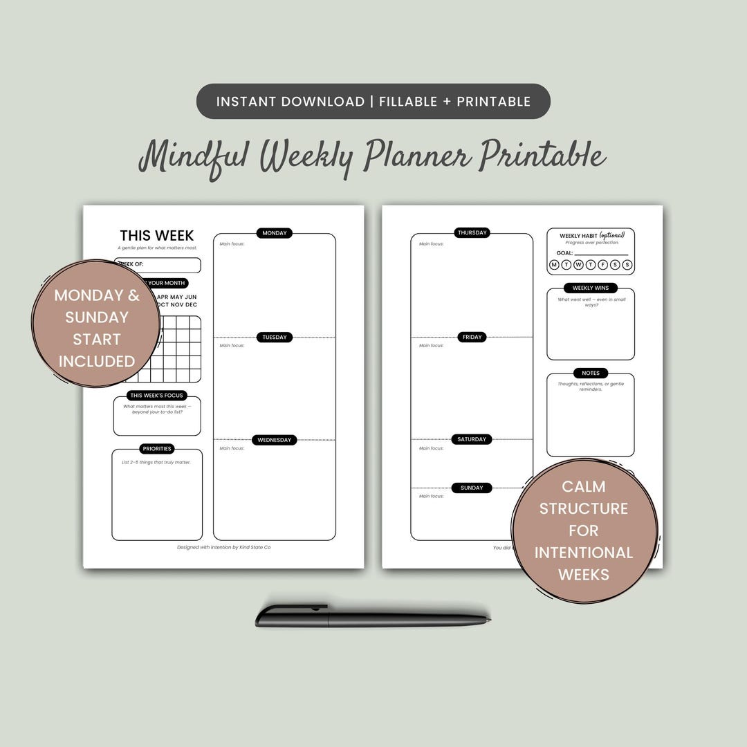 Mindful Weekly Planner Printable | Minimal 2-page Weekly Spread ...