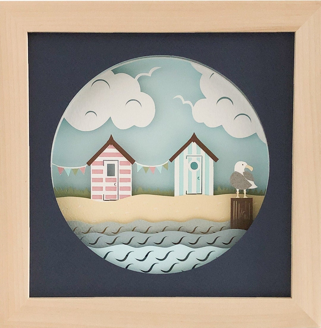 Beach Hut and Bunting Theme 3D Shadow Box Cut File, Beach Hut Svg ...