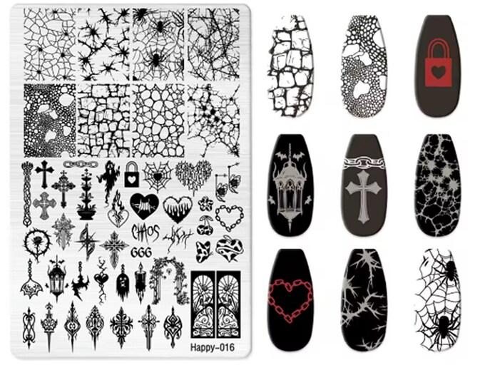 Gothic Nail Stamping Plate – Spiders, Chains, Crosses & Broken Glass ...