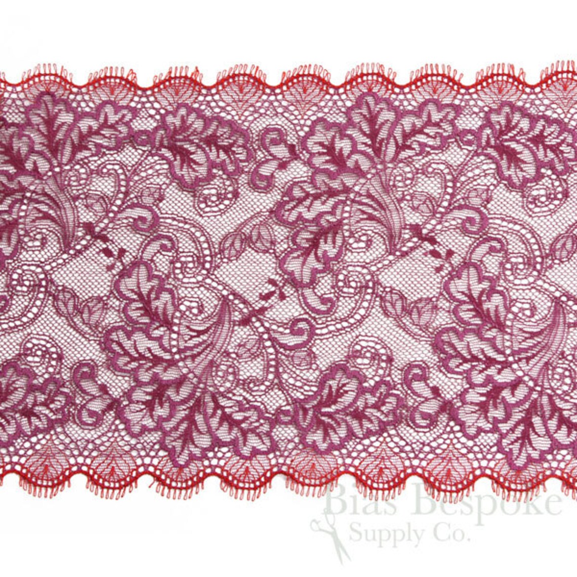 8" Wide Two-tone Red & Pink Stretch Leavers Lace Trim, Made in France ...
