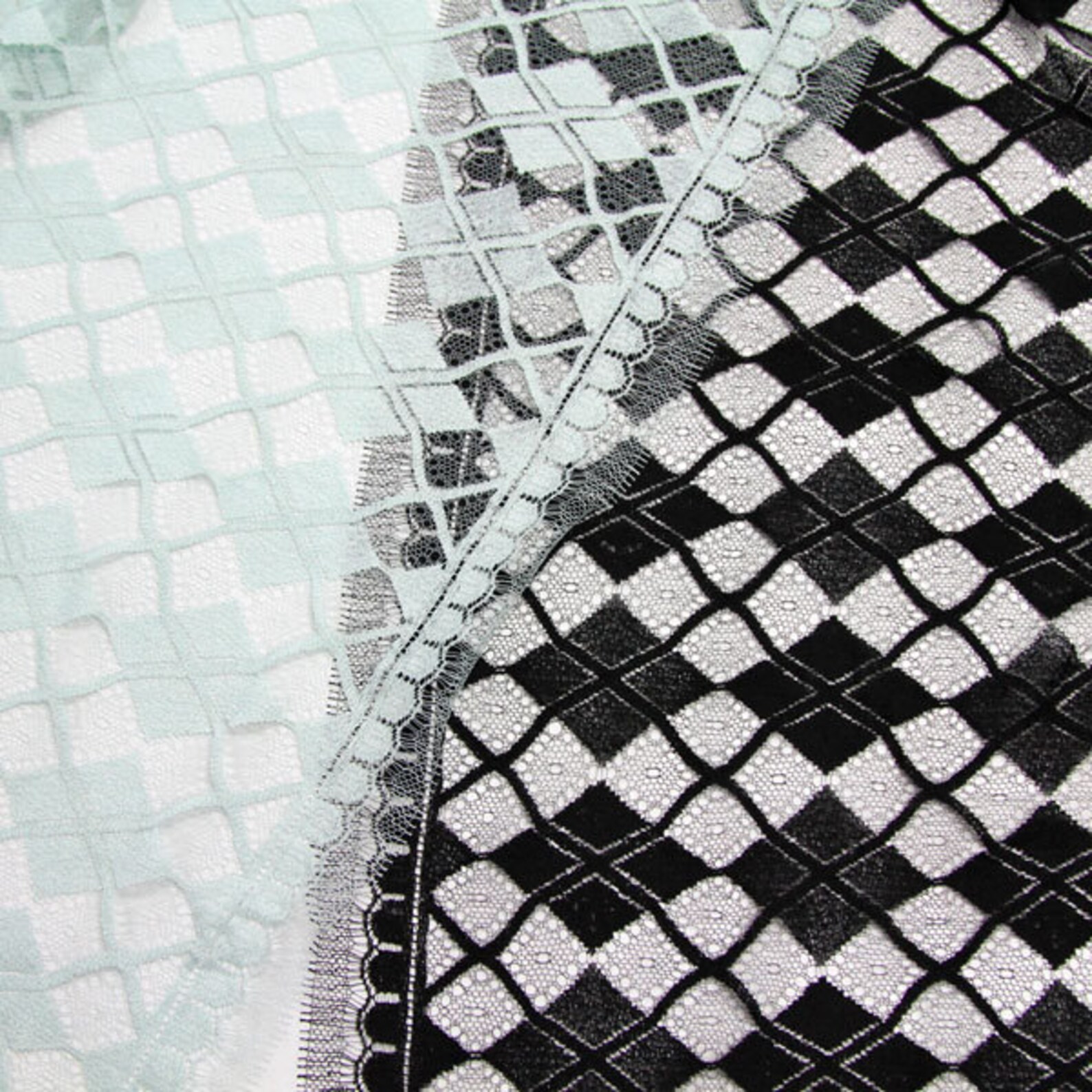 35" Wide Plaid French Leavers Lace Fabric in Spearmint and Black, Sold ...