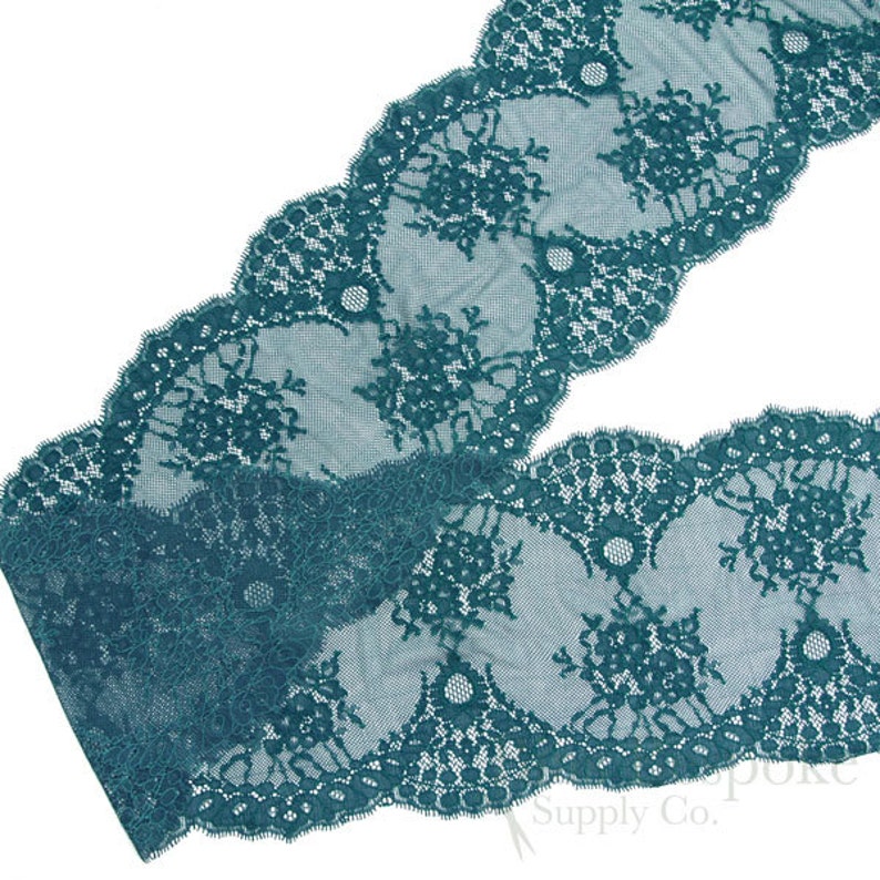 7 1/2" Wide Stretch Leavers Teal Lace Trim, Made in France, Sold by the ...