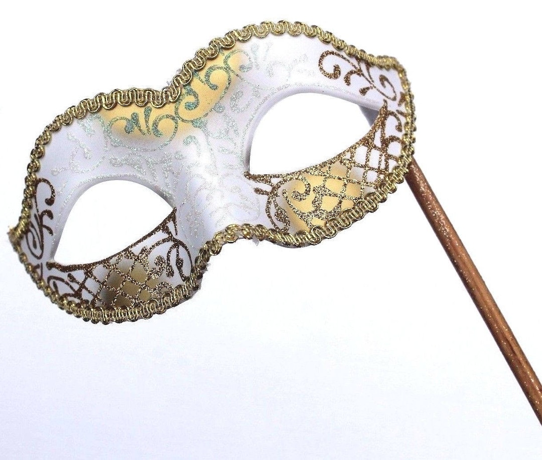 White and Gold Masquerade Mask on a Gold Stick - Etsy