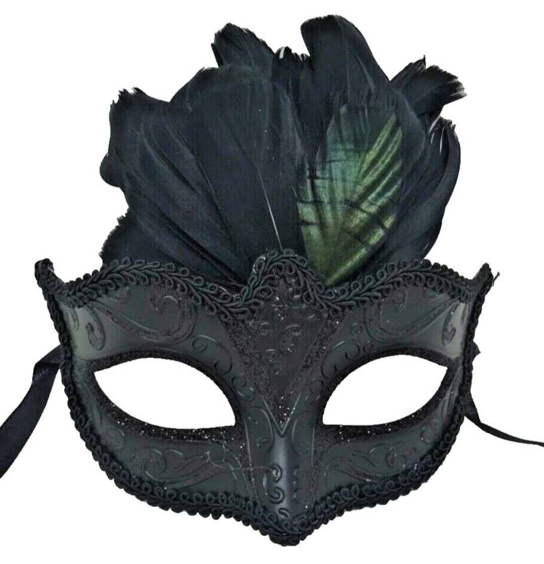 Ladies High Gloss Black Masquerade Mask With Flower and Feather Detail ...