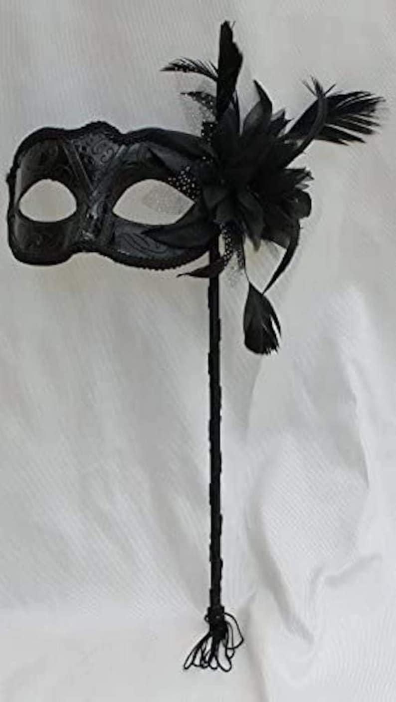 Stunning Black Masquerade Mask on a Black Stick With a Flower Made of ...