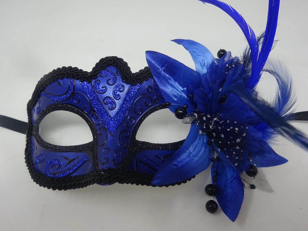 Sparkling Blue and Black Masquerade Ball Party Eye Mask With Flower and ...