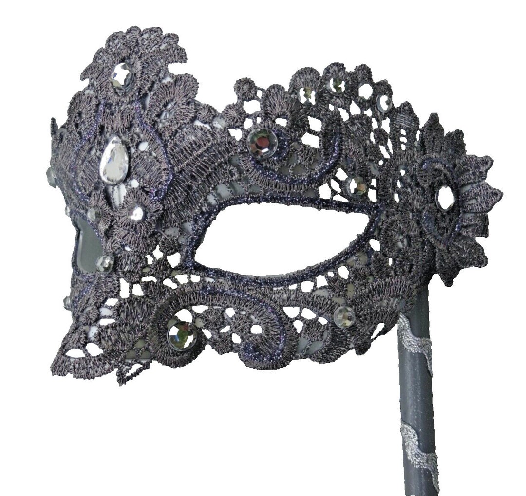 Hand Held Silver Grey Brocade Lace Masquerade Party Carnival Ball Mask ...