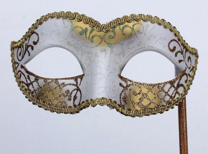 White and Gold Masquerade Mask on a Gold Stick | Etsy