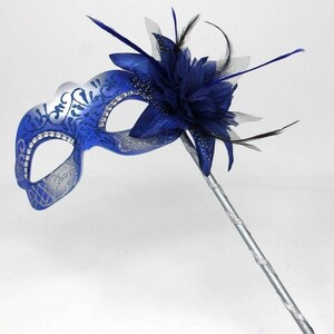 Blue and Silver Diamonte Mask on Stick With Flower - Etsy