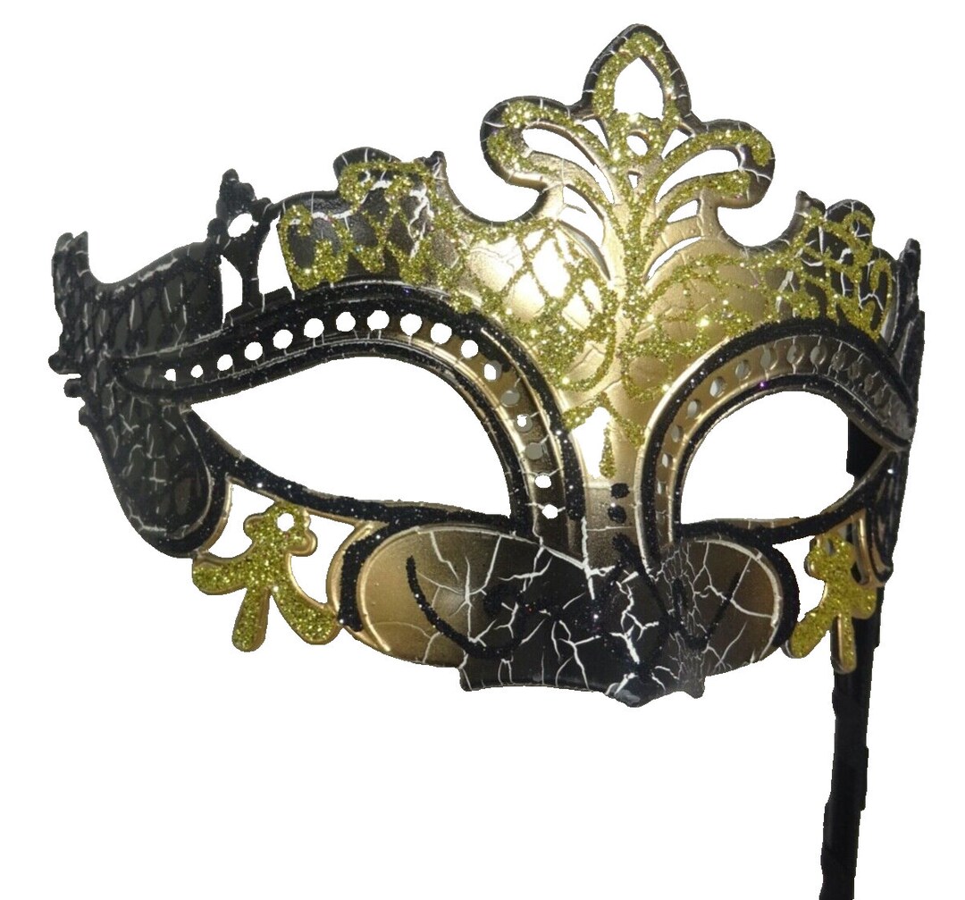 Black and Gold Rialto Masquerade Ball Party Carnival Eye Mask Hand Held ...