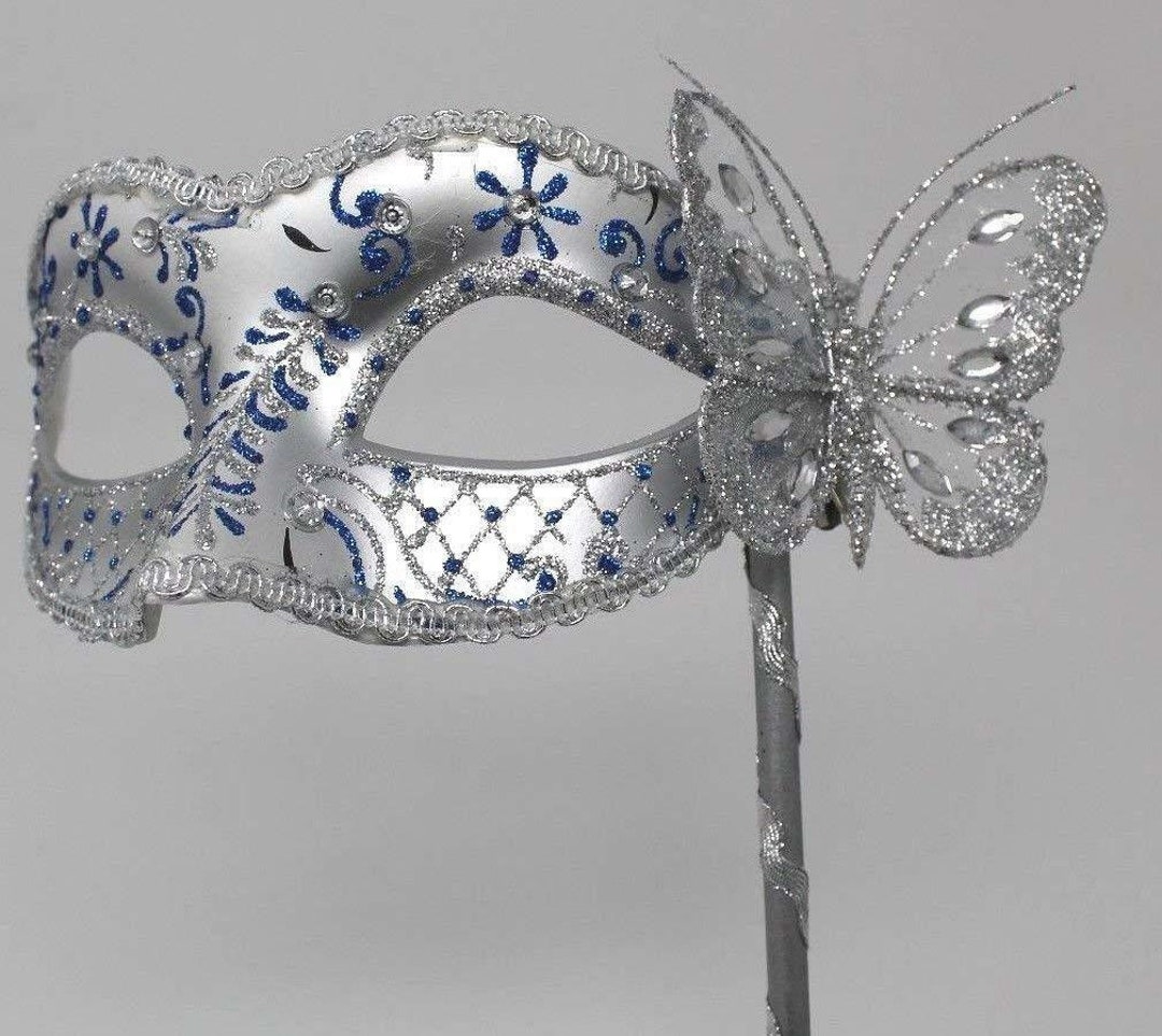 Blue and Silver Butterfly Mask on Stick - Etsy
