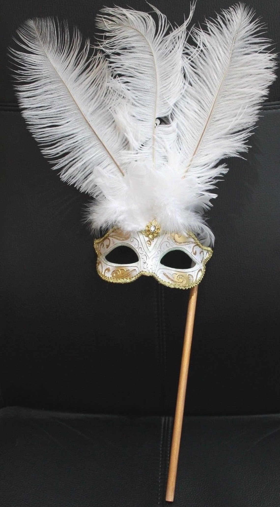 White and Gold Feather Masquerade Mask on a Gold Stick - Etsy UK