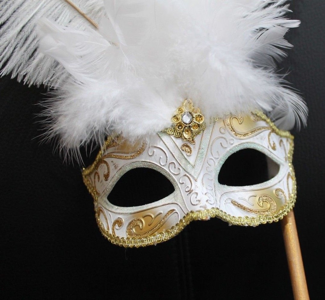 White and Gold Feather Masquerade Mask on a Gold Stick - Etsy UK
