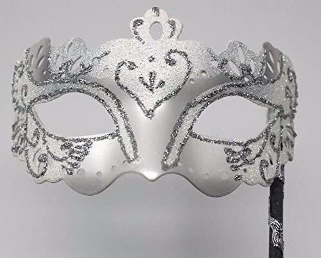 Ladies White and Silver Masquerade Party Carnival Ball Mask Hand Held ...