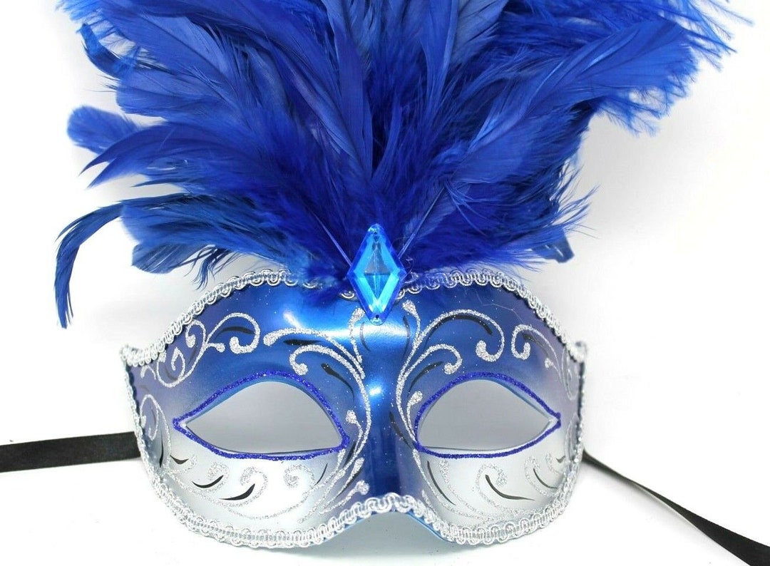 Blue and Silver Tall Feather Mask - Etsy UK