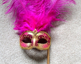 White and Gold Feather Masquerade Mask on a Gold Stick | Etsy UK