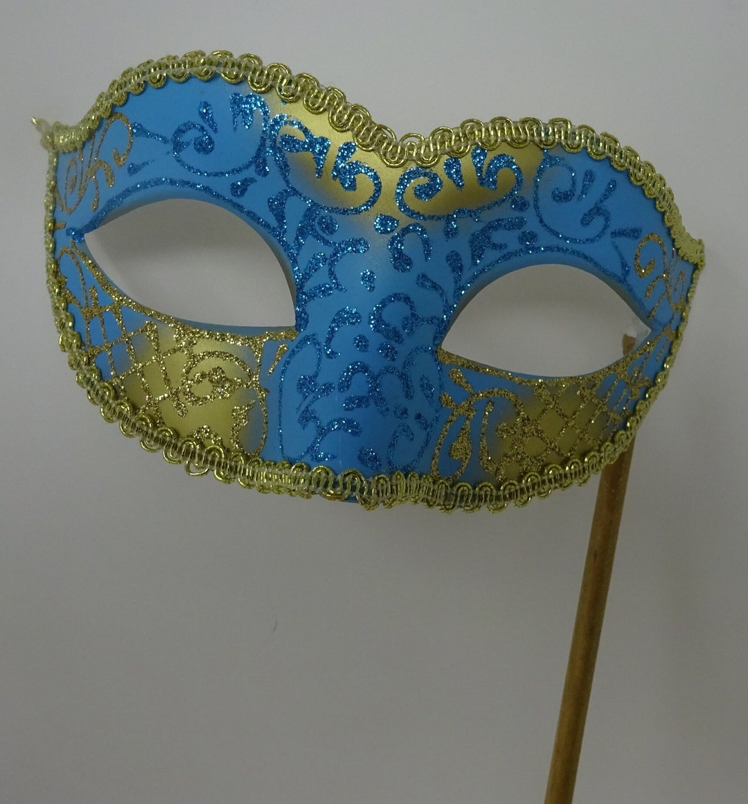 Turquoise Blue and Gold Masquerade Mask Hand Held on a Wooden Stick - Etsy
