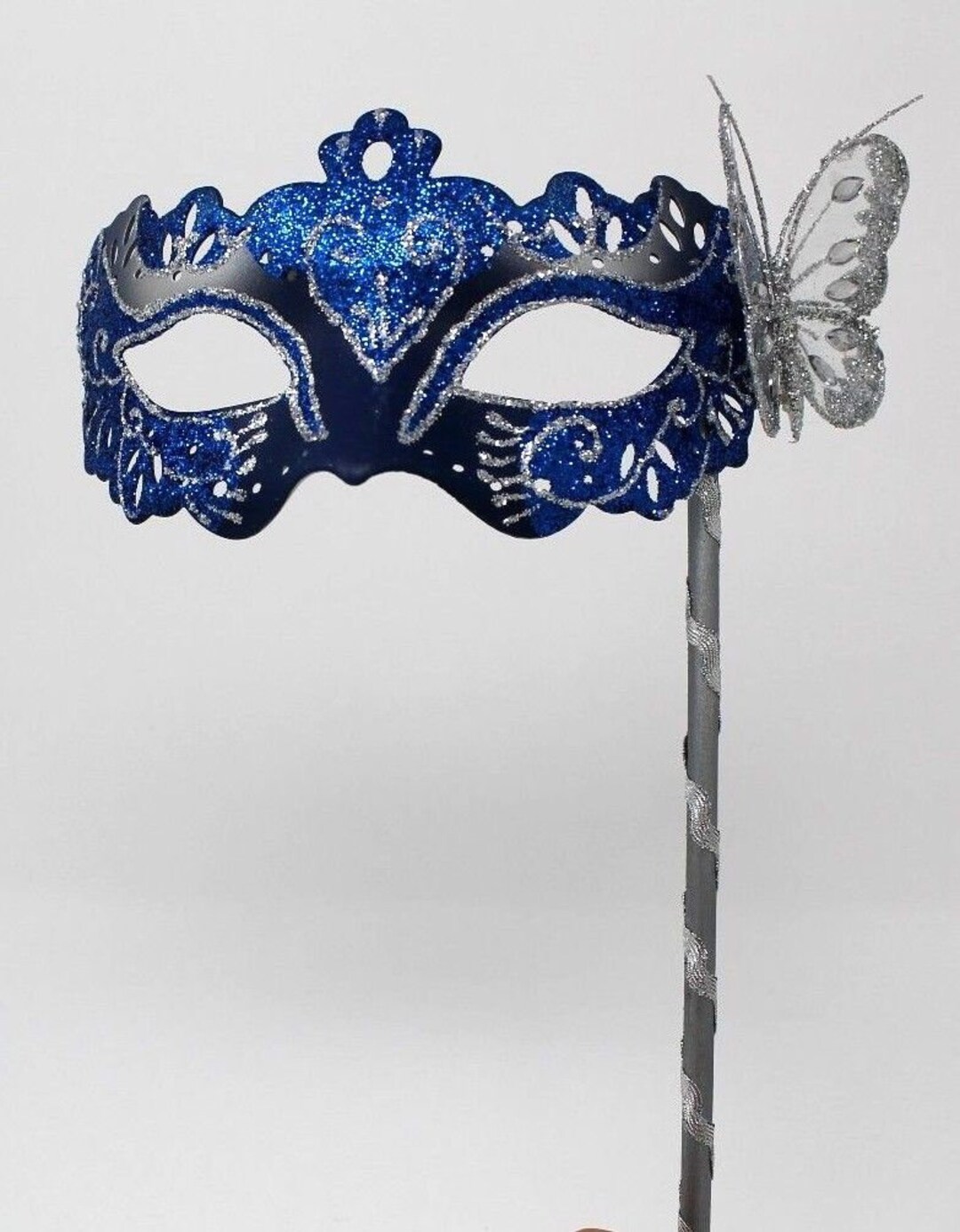 Blue and Silver Butterfly Mask on a Silver Stick - Etsy UK