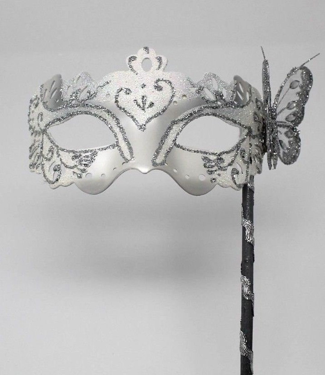 White and Silver Butterfly Mask on a Silver Stick - Etsy UK