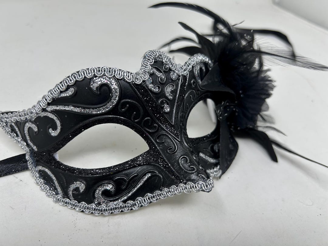 Black and Silver Masquerade Party Ball Eye Mask With Flower & Feathers ...