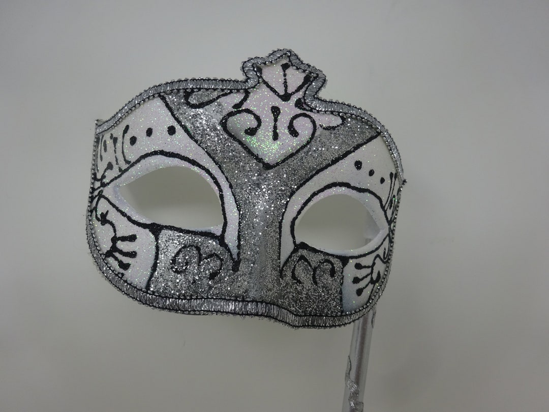 Black Frosted White and Silver Glitter Mask Hand Held on a Wooden Stick ...