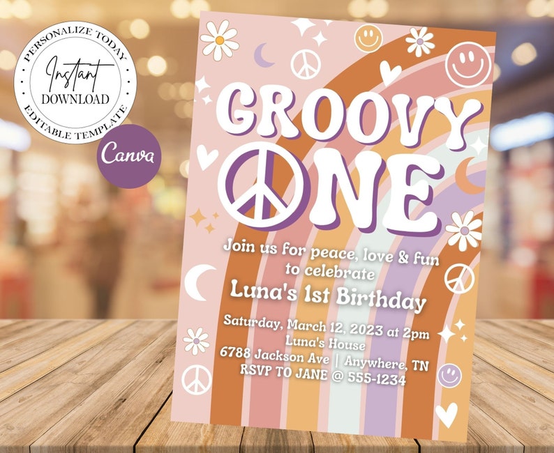 Editable Groovy One Birthday Party Invitation Peace Love Party - Etsy