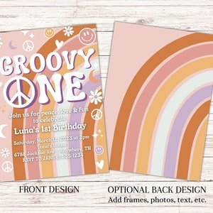 Editable Groovy One Birthday Party Invitation Peace Love Party Rainbow ...