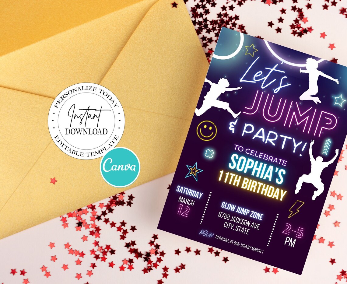 Editable Jump Birthday Party Invitation Glow Jump Birthday Party ...
