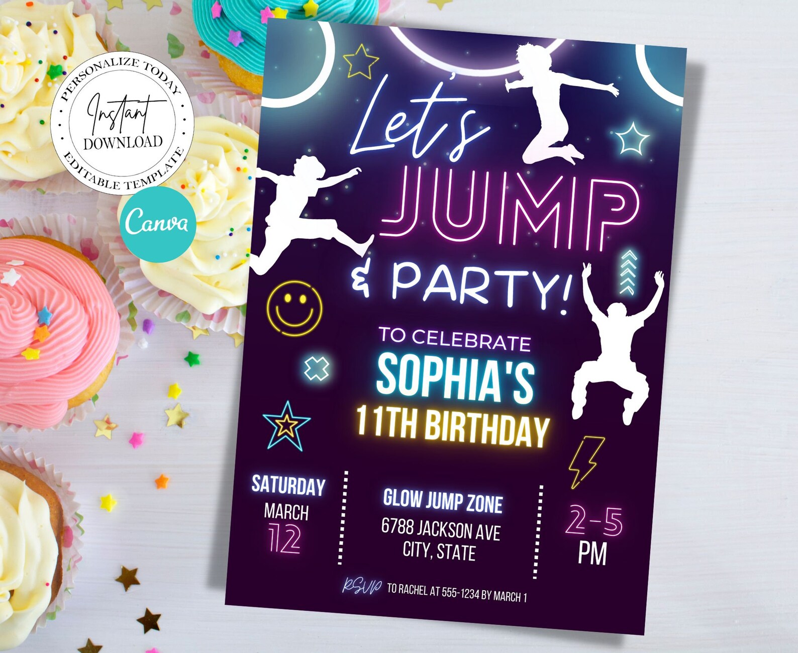 Editable Jump Birthday Party Invitation Glow Jump Birthday Party ...