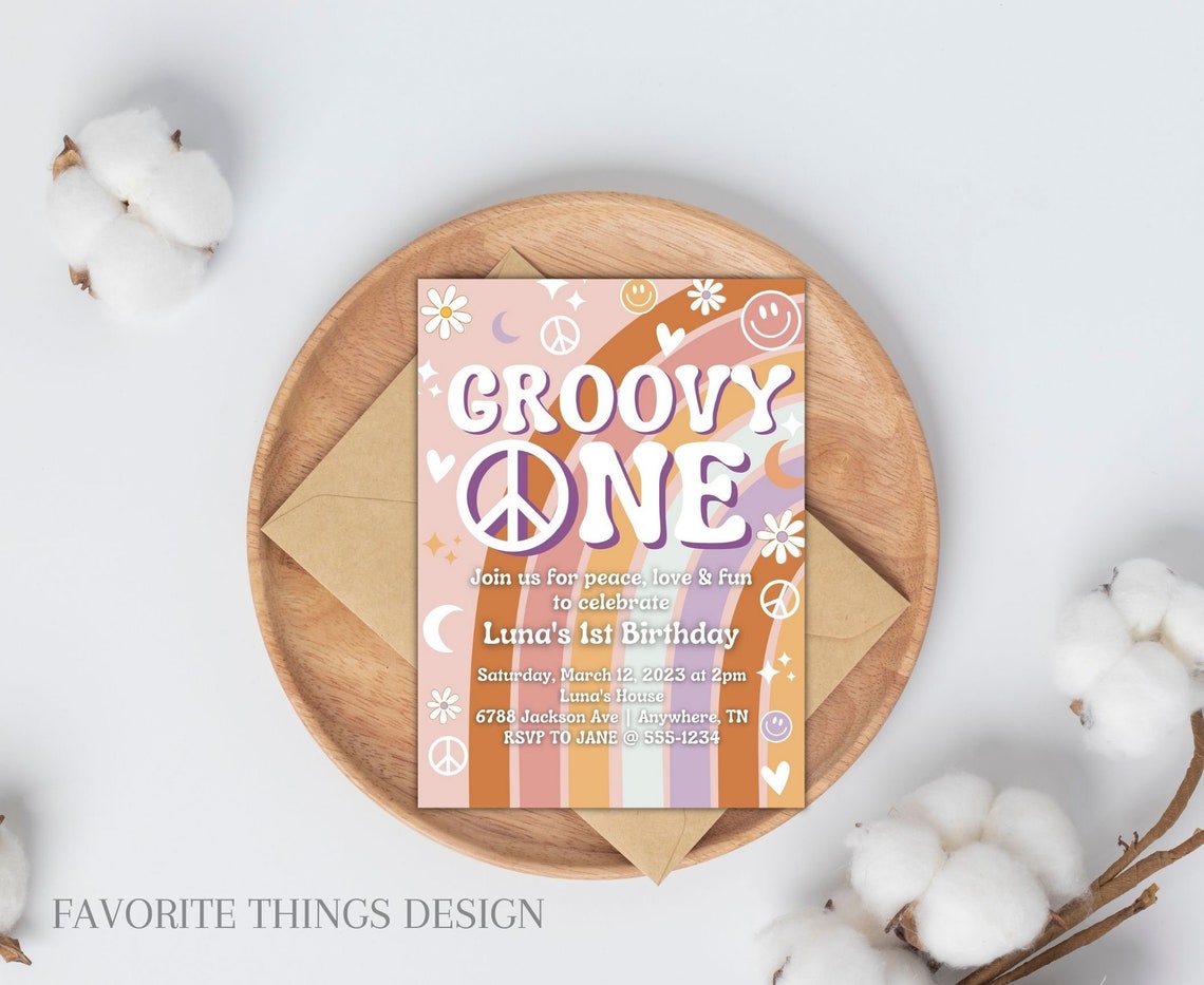 Editable Groovy One Birthday Party Invitation Peace Love Party - Etsy