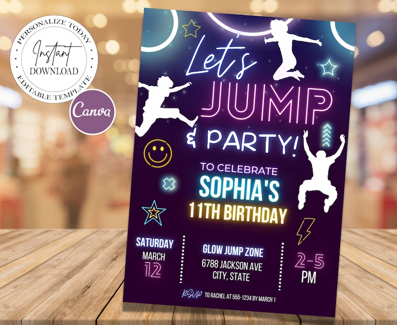 Editable Jump Birthday Party Invitation Glow Jump Birthday - Etsy