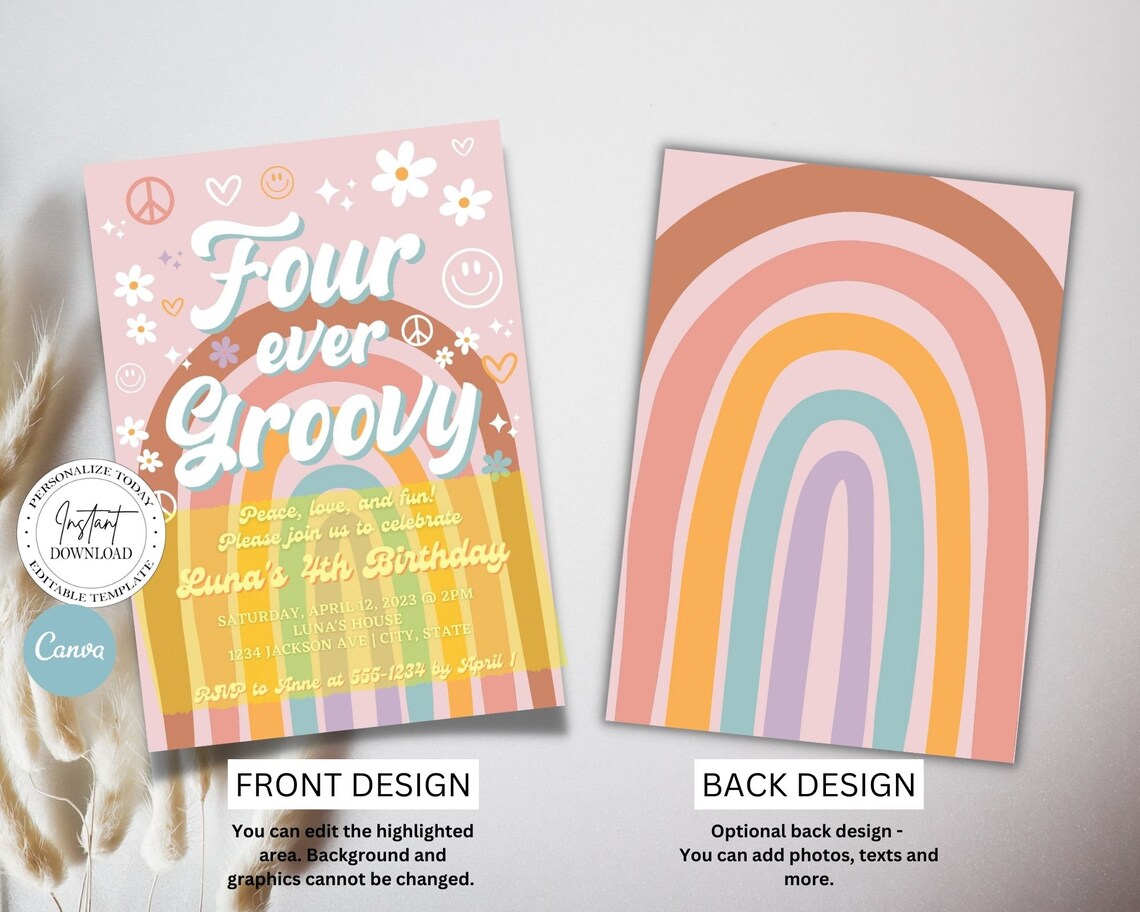 Editable Four Ever Groovy Birthday Invitation for Girls, Printable ...