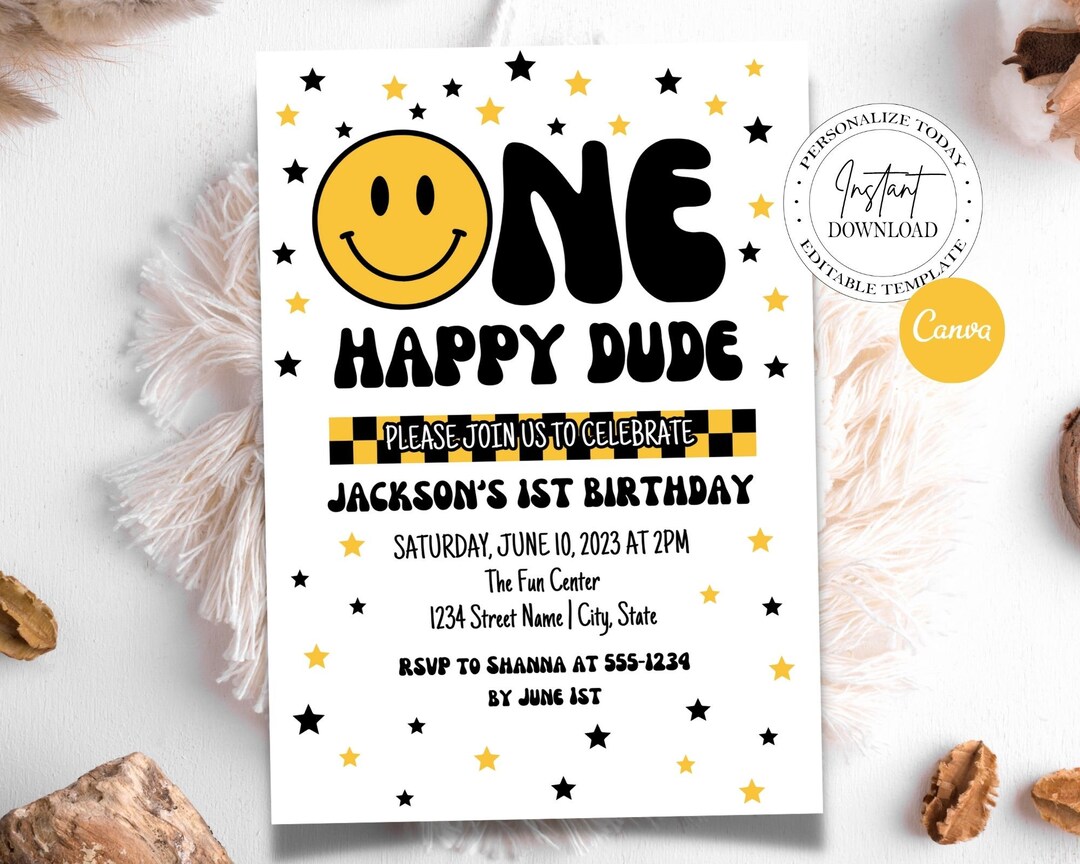 ONE Happy Dude Birthday Invitation, Editable Boys First Birthday Invite ...