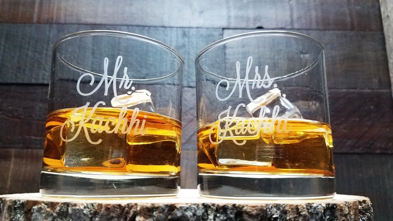Mr And Mrs Whiskey Glasses Custom Engraved Bourbon Glass Etsy