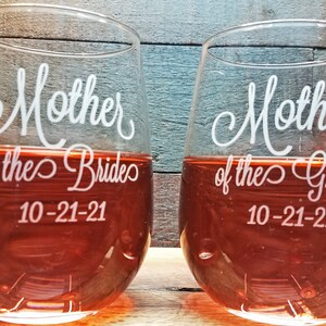 Mother of the Bride Stemless Wine Glass, Mother of the Groom Wine Glass ...