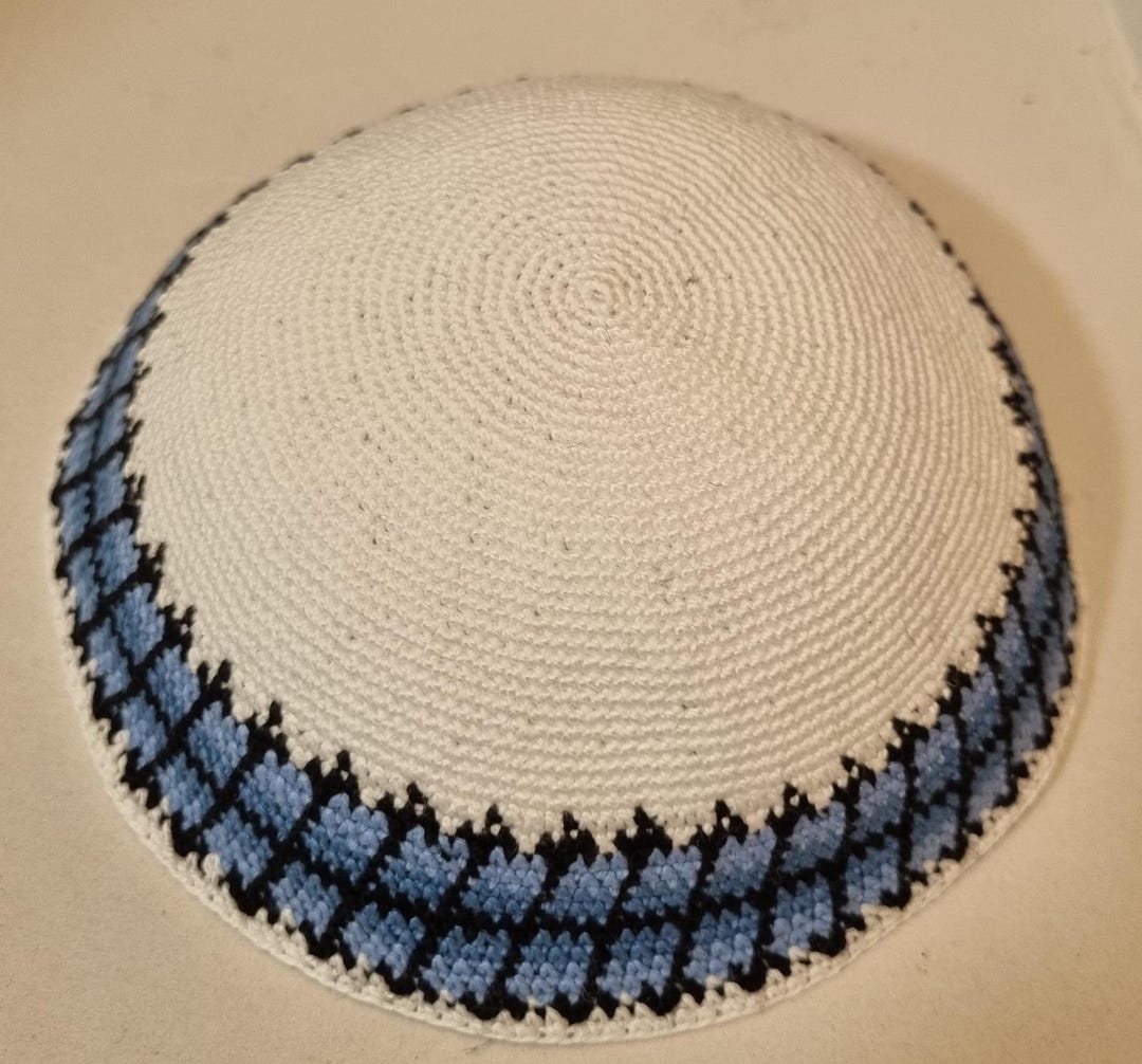 White Base Kippah 18cm Cap Border Design Yarmulke Handmade Crochet ...