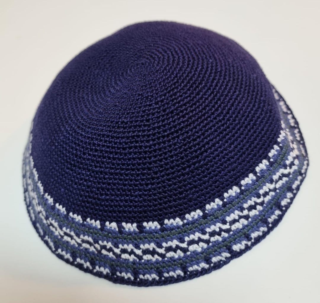 Blue Kippah 18cm and 20cm Cap Border Design Yarmulke Handmade Crochet ...