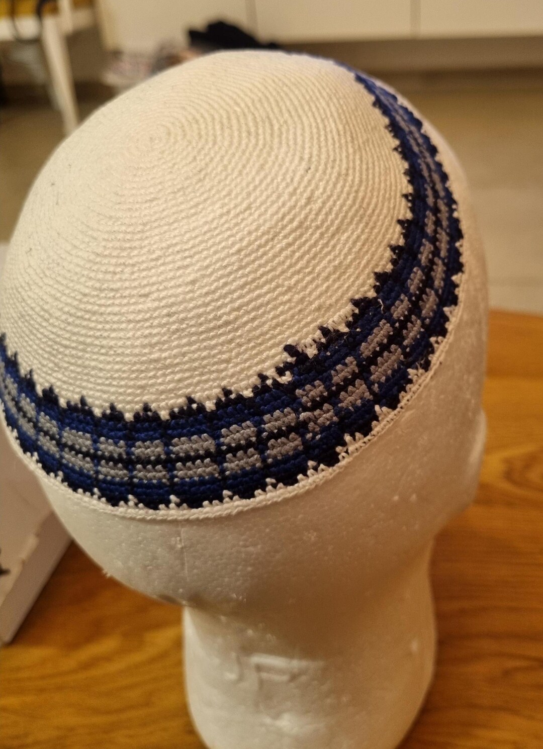 Handmade White Kippah With Blue Border, Crochet Yarmulke (19cm) - Etsy