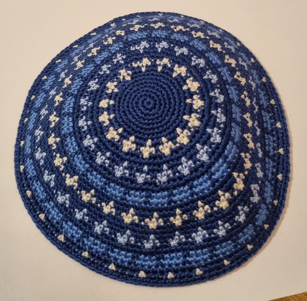Handmade Knitted Kippah: DMC Crochet Yarmulke, Jewish Blue Design (16cm ...