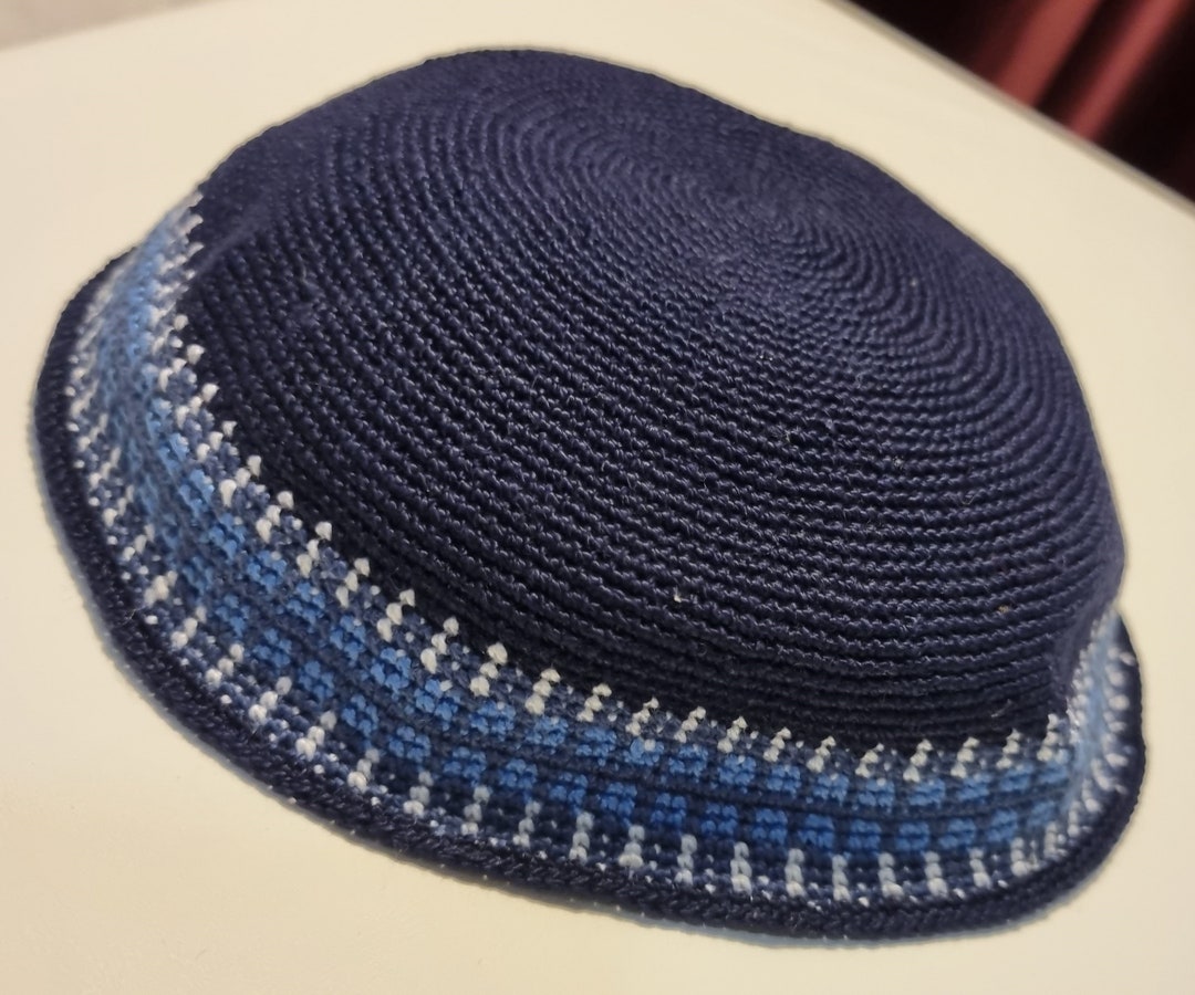 Blue Kippah 21cm Cap Border Design Yarmulke Handmade Crochet Knitted ...