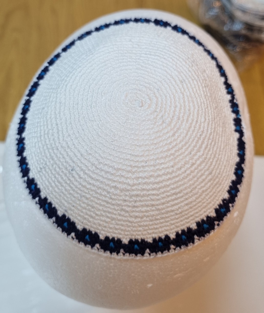 Kippah 14cm White With Border Design Jewish Cap Kipa Hand Knit - Etsy