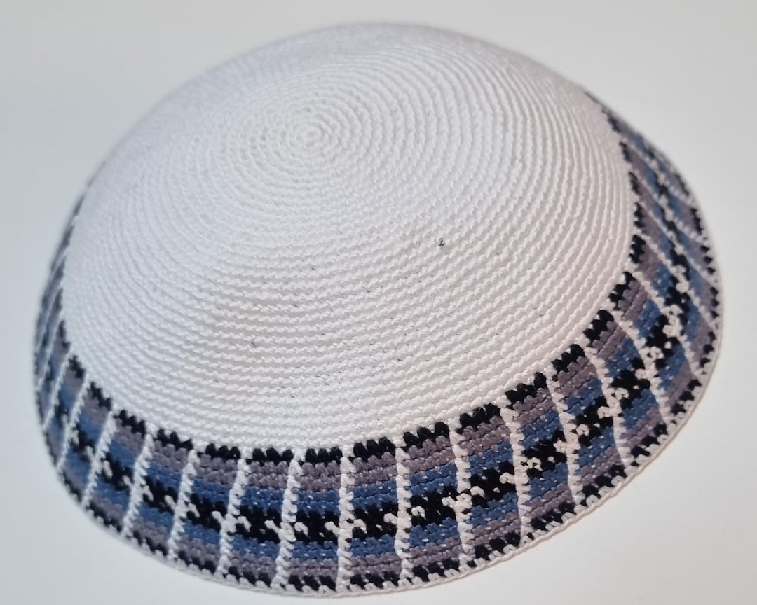 White Base Kippah 19cm Cap Border Design Yarmulke Handmade Crochet ...