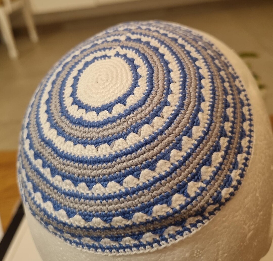 Handmade Knitted Kippah: Blue & White Yarmulke, Jewish Cap (13cm, 16cm ...