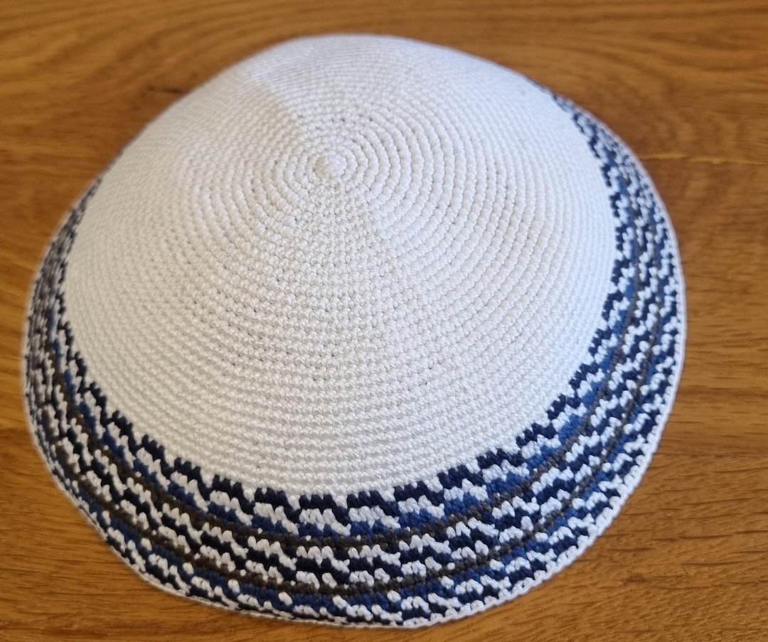 White Base Kippah 18cm Cap Border Design Yarmulke Handmade Crochet ...