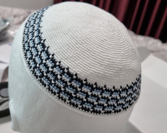White Kippah 20cm Cap Border Design Yarmulke Handmade Crochet Knitted ...