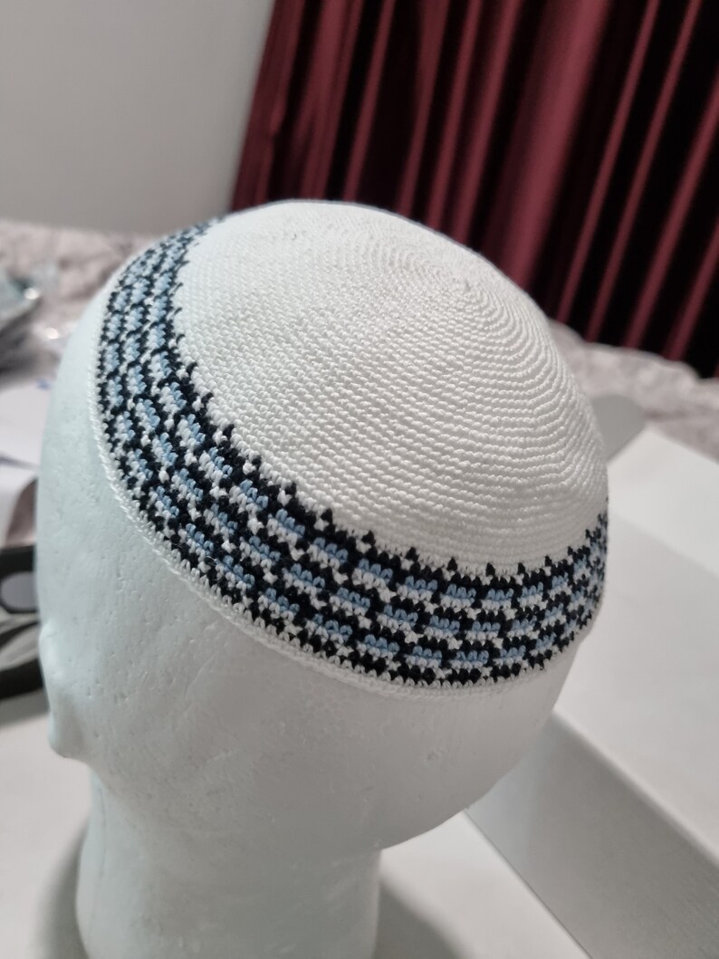 White Kippah 20cm Cap Border Design Yarmulke Handmade Crochet - Etsy