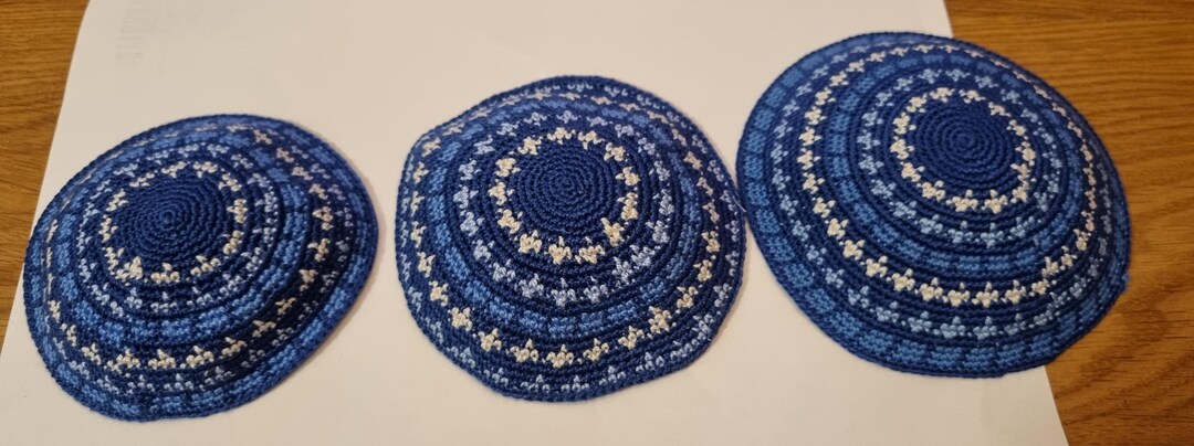 Knitted Kippah 12cm/13cm/14cm Blue Design Jewish Hand Knit Yamakah ...