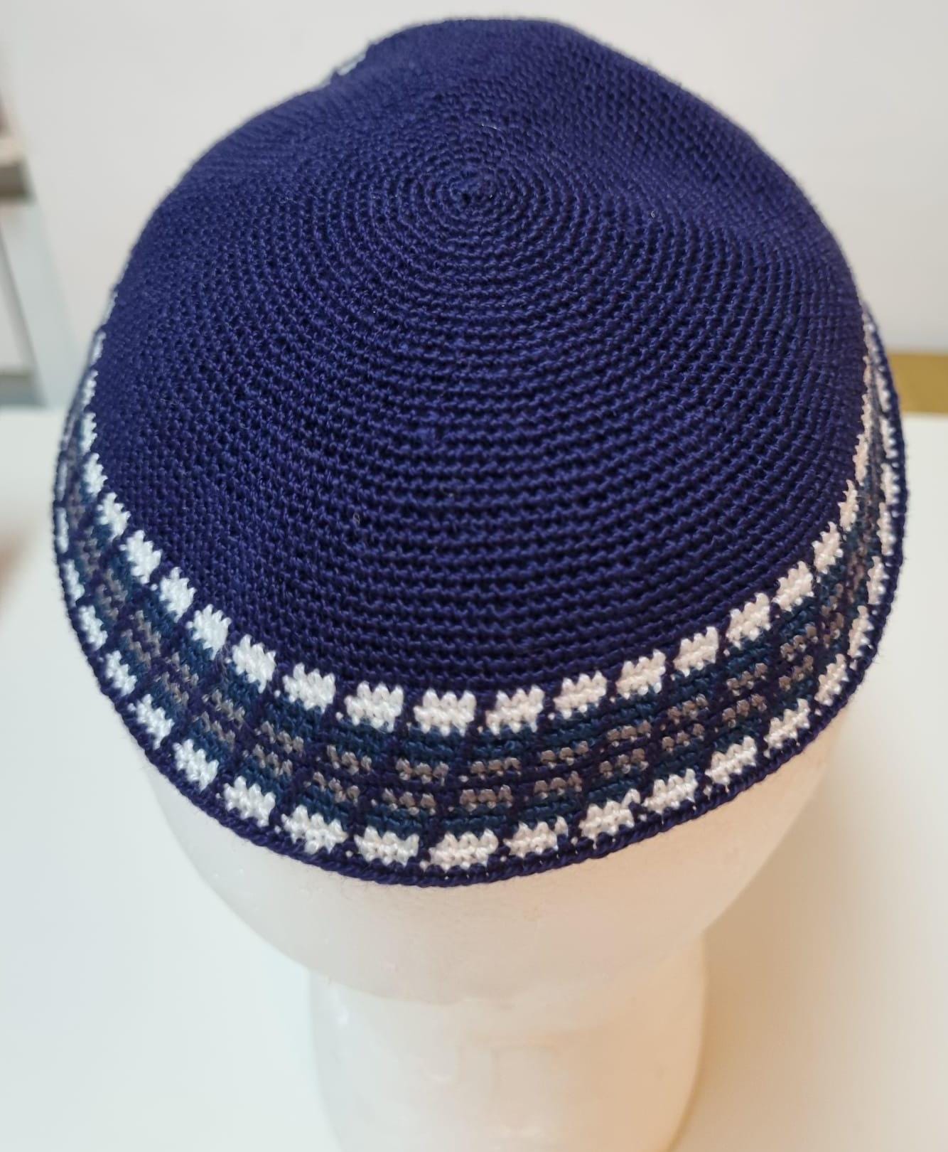Blue Kippah With Border Design, Hand-crochet Yarmulke (19cm) - Etsy